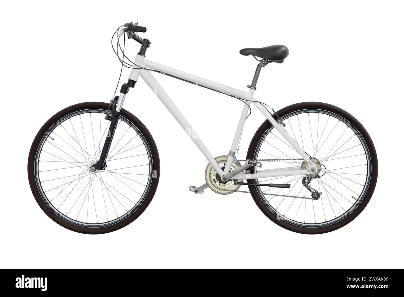 White bicycle, side view. Black leather saddle and handles. Isolated on ...