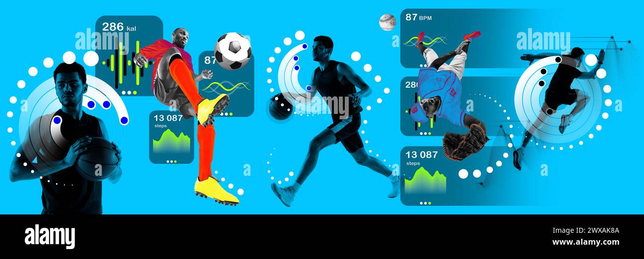 Male athletes of different sports in motion, training on blue ...