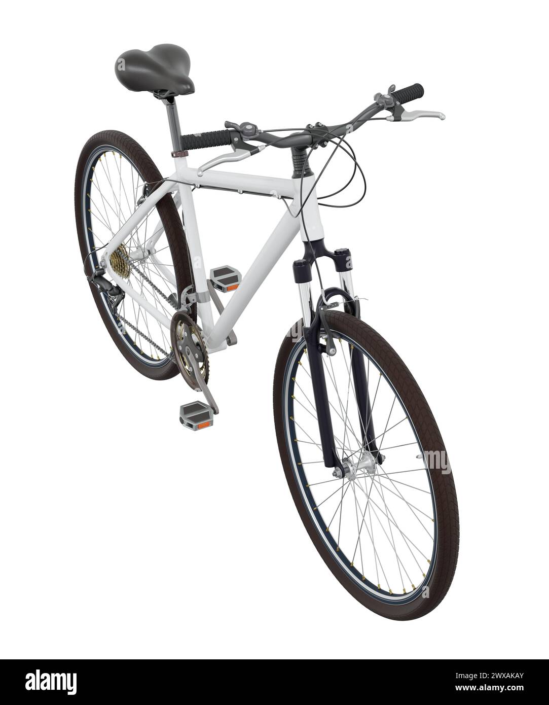 White bicycle, front side view. Black leather saddle and handles ...