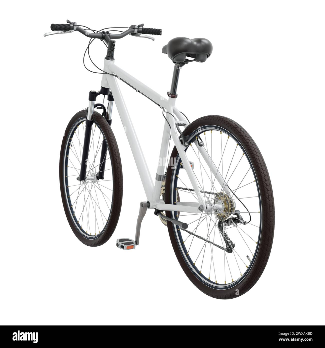 White bicycle, back side view. Black leather saddle and handles ...