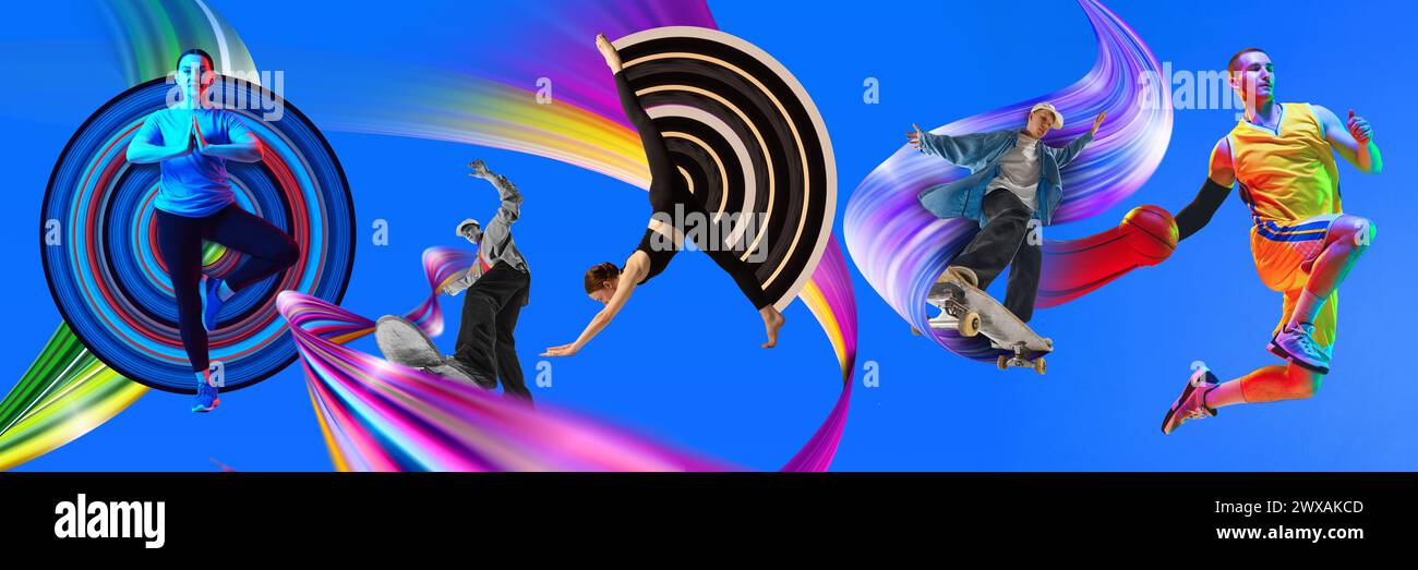 Men and women, athletes in motion, training, doing various sports ...