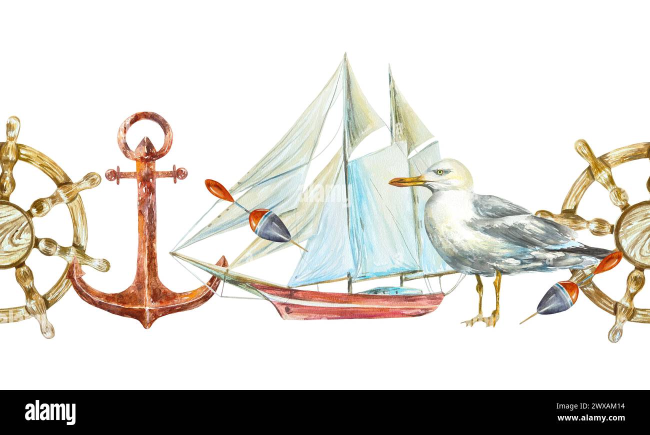 Ship, seagull, helm, anchor, float watercolor seamless border. Hand ...