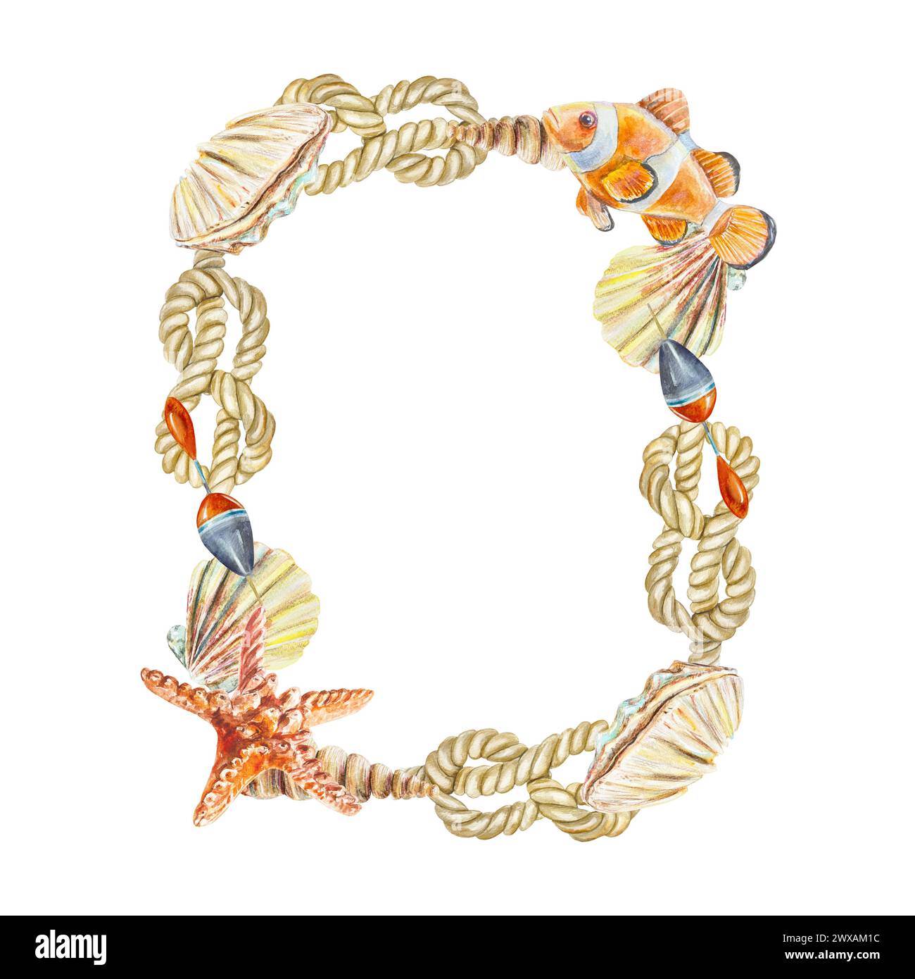 Marine frame, watercolor, vertical. Rope, shells, starfish. Hand drawn ...