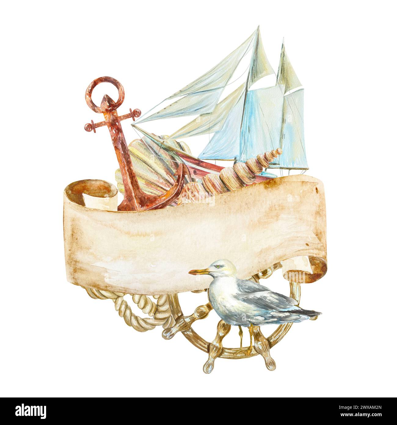 Ship, seagull, shells, steering wheel, anchor isolated on a white ...