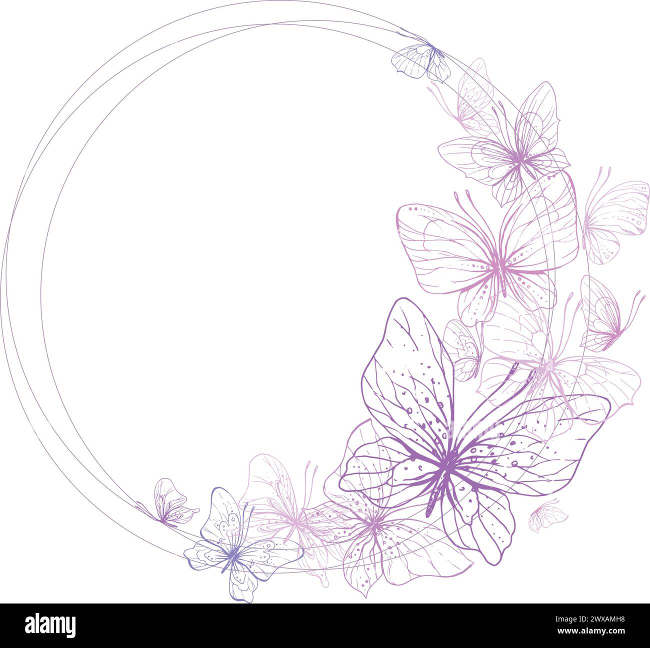 Butterflies are pink, blue, lilac, flying, delicate line art. Graphic ...