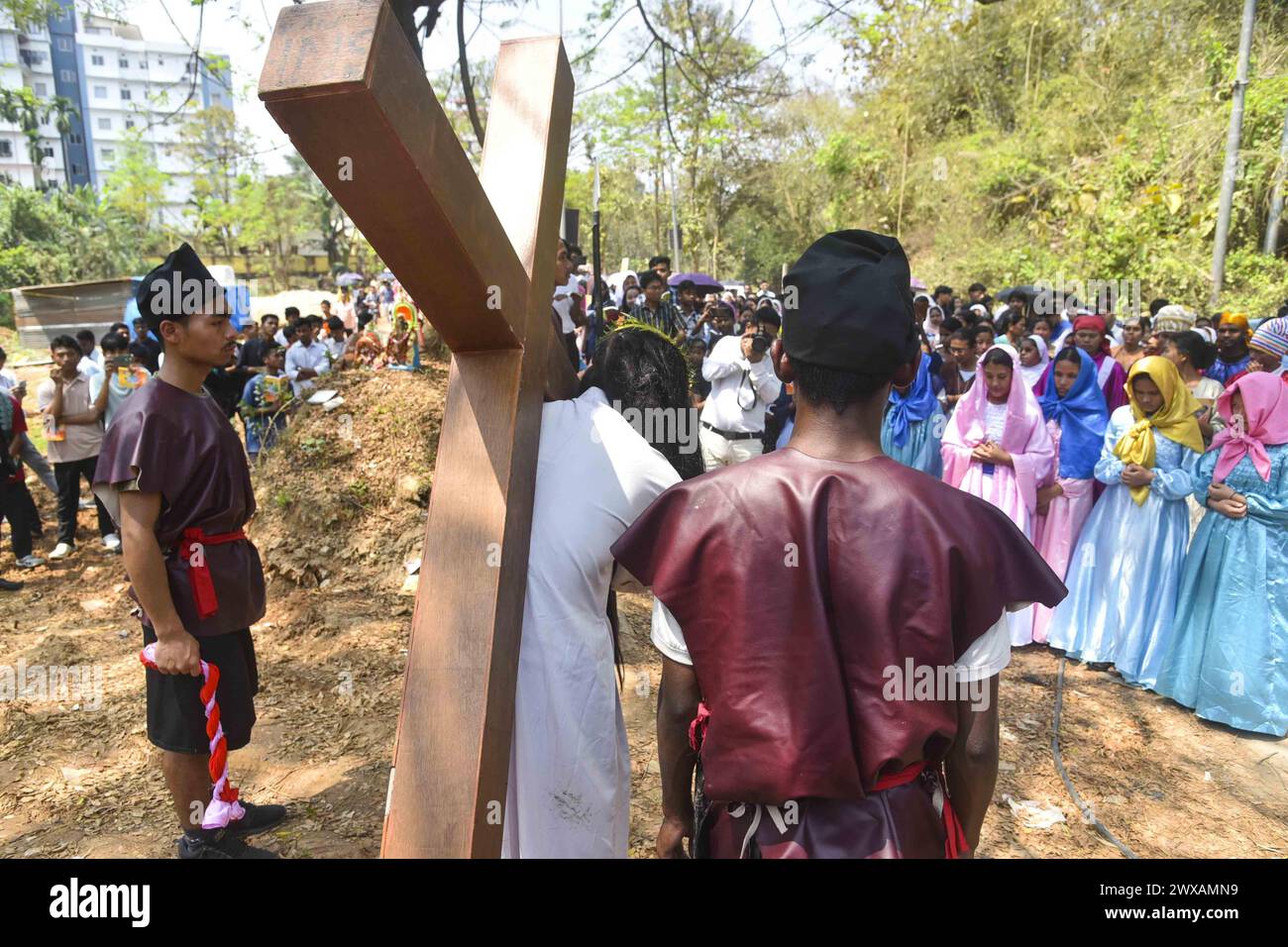 Guwahati, Assam, India. 29th Mar, 2024. Christian devotees enact ...