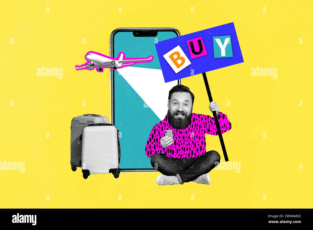 Composite collage picture image of funny man booking plane flying ...