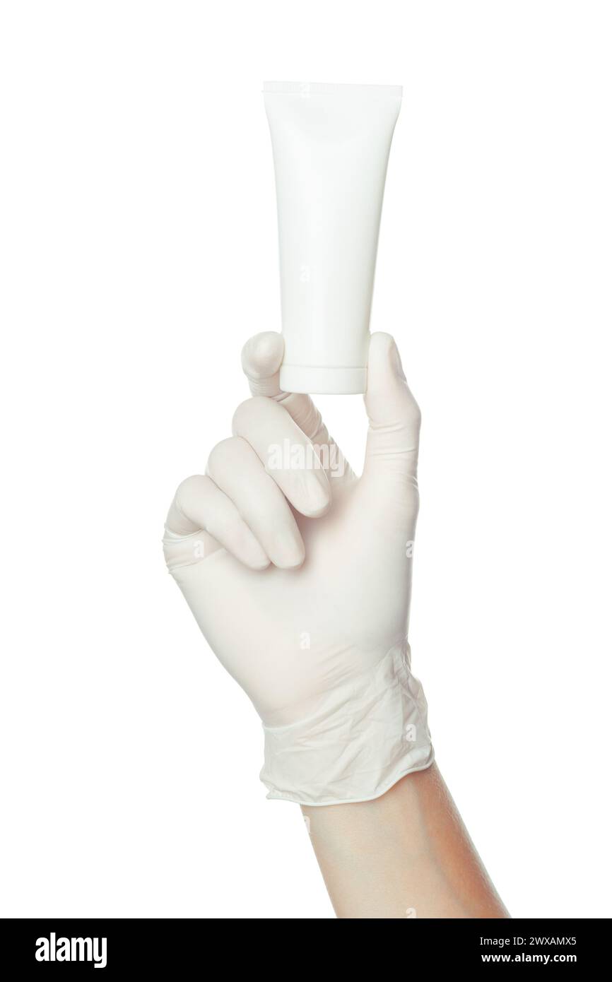 doctor's hand in blue sterilized surgical glove holding medicine Stock ...