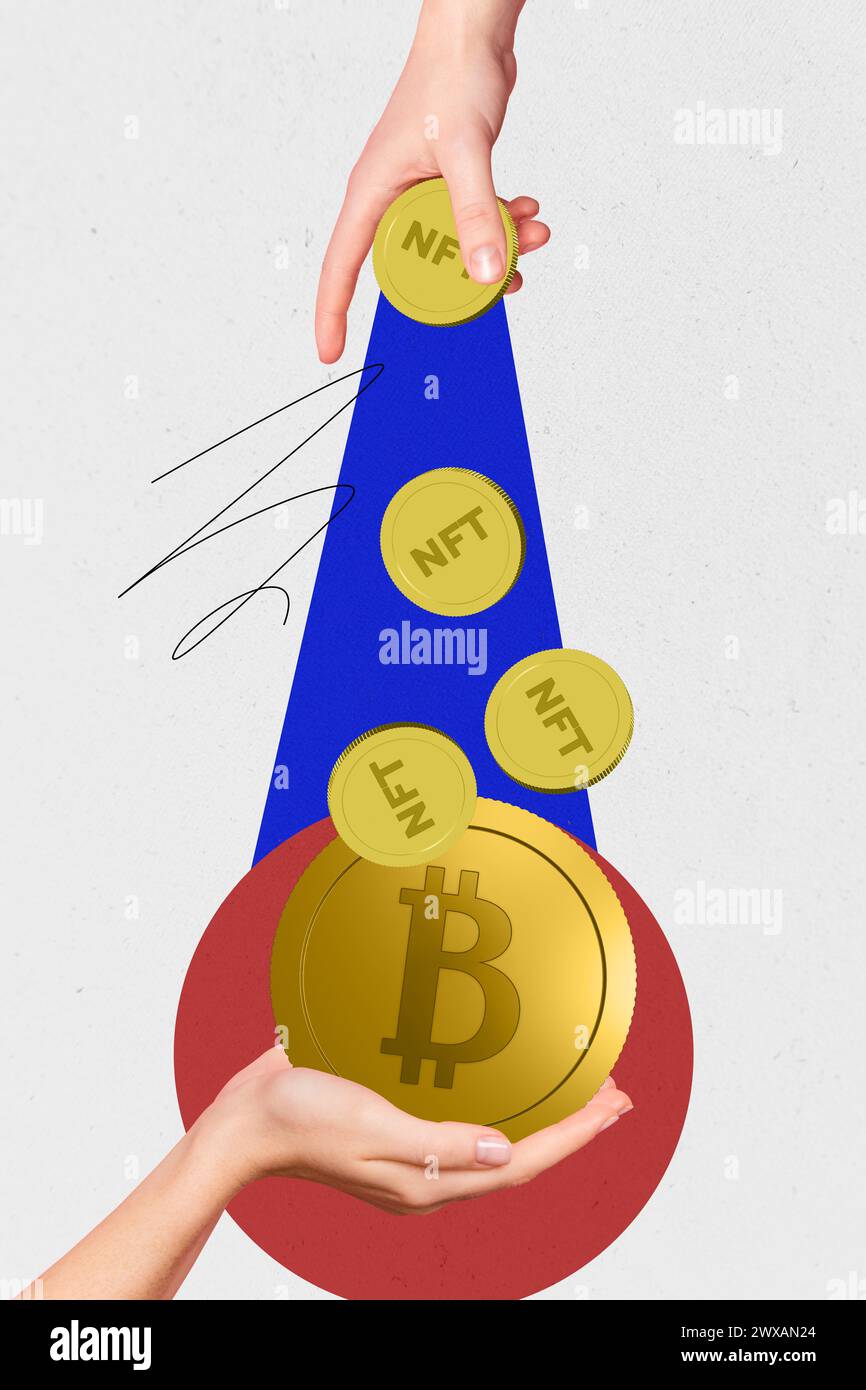 Vertical creative picture collage human hand body fragment hold huge ...