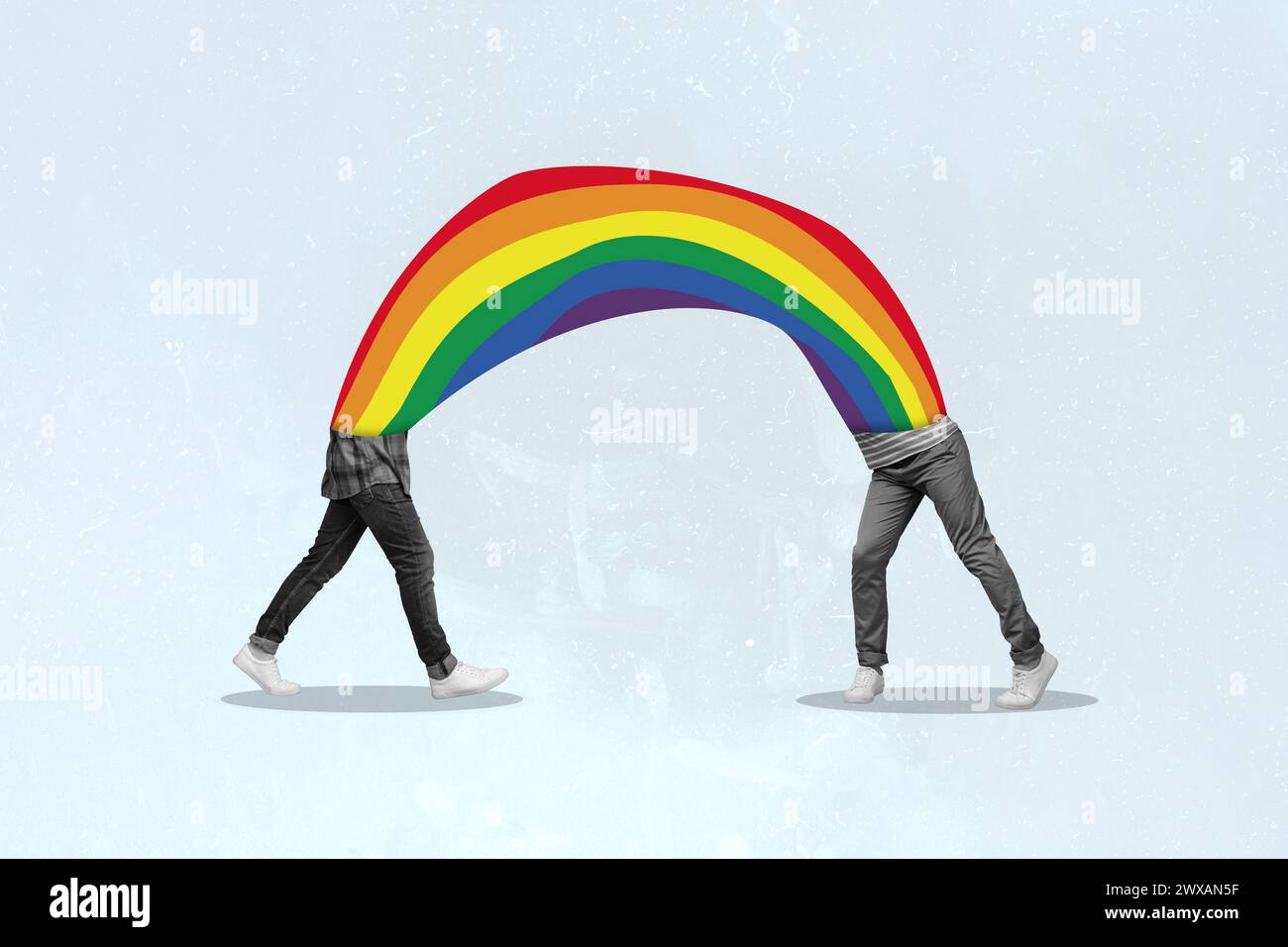 Creative collage picture two headless man body fragment rainbow symbol ...