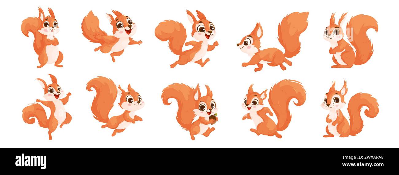 Collection of funny little brown squirrels. Animal emotion. Set of cute ...