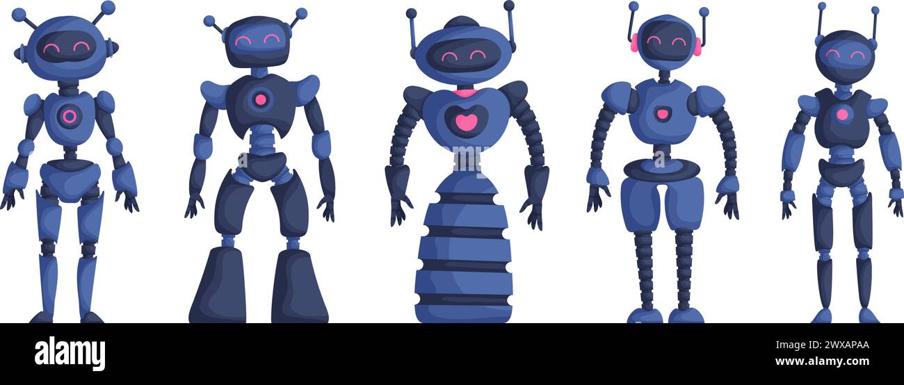 Set of five robot girls isolated on white background. Blue Characters Artificial Intelligence ...