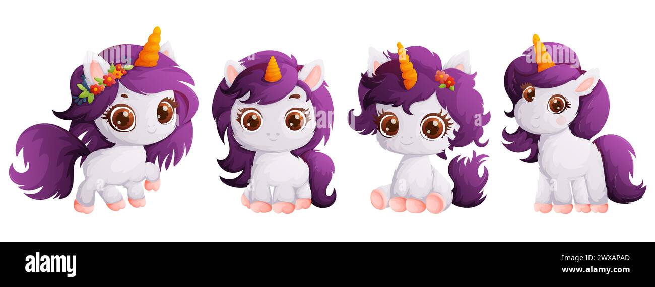 A set of four happy and cute milky unicorns with a purple mane. Pony ...