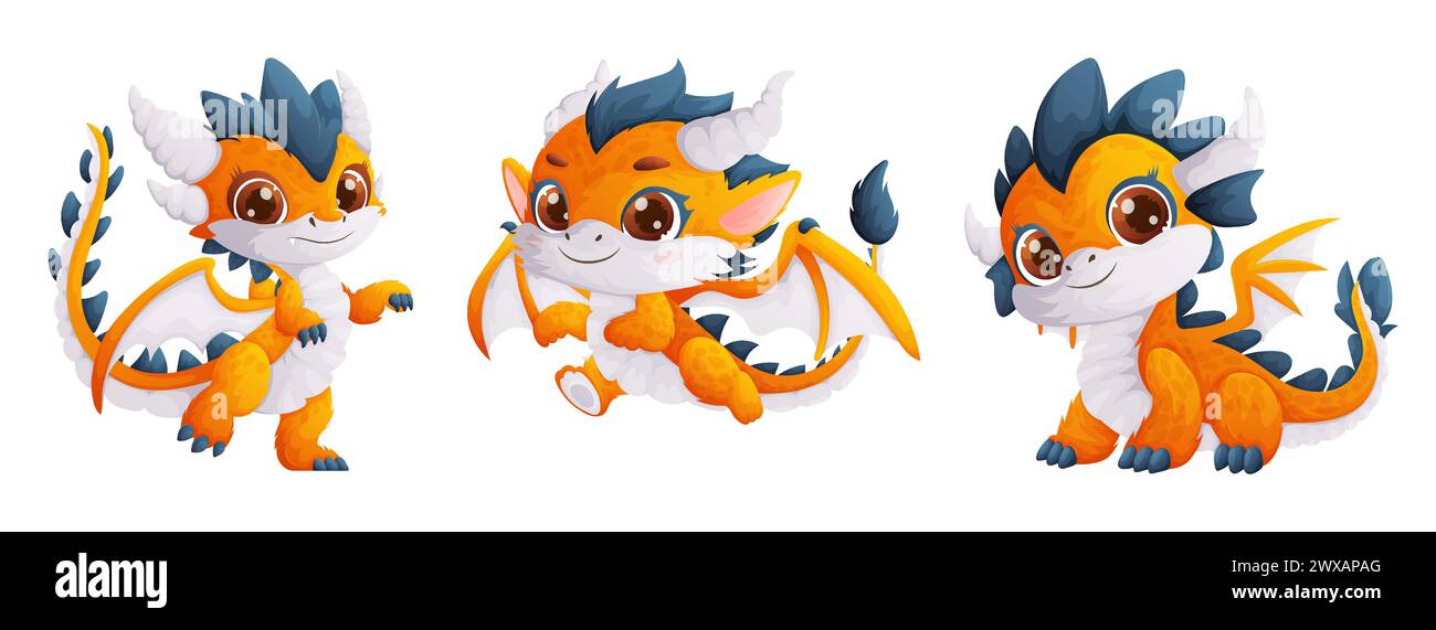 Set of three happy and cute yellow dragons. A small dragon with wings ...
