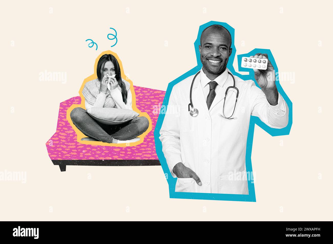 Collage artwork template of handsome smiling doctor showing medication ...