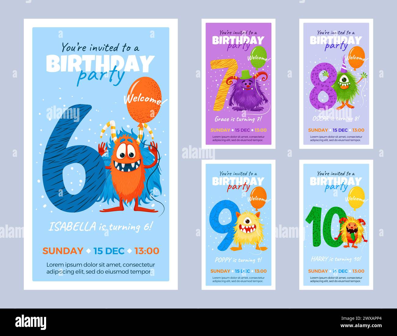 Vector happy birthday card template with cute cartoon monsters hi-res ...