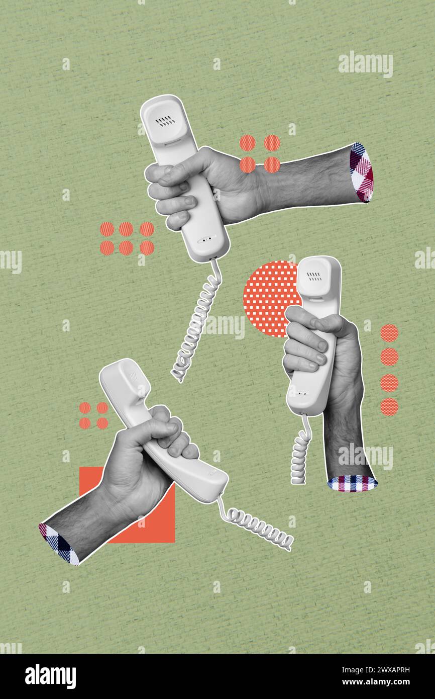 Vertical photo collage human hand holding telephone landline customer ...