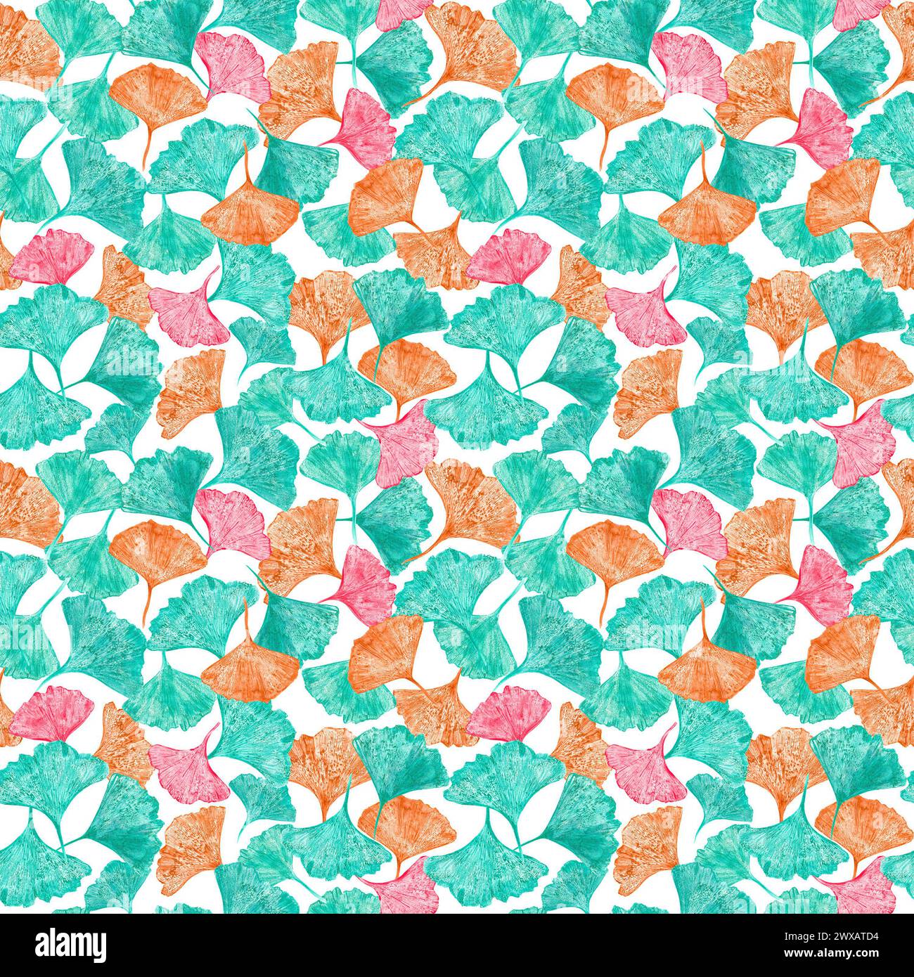 Seamless pattern with multicolor gingko leaf. Turquoise, pink, golden ...