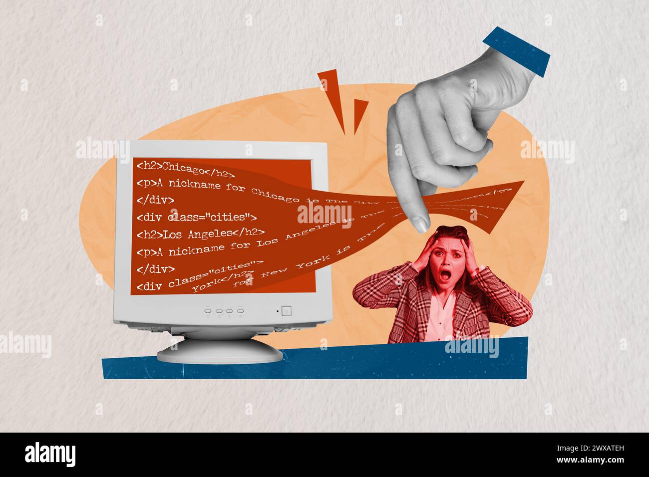 Composite image collage of young shocked girl secretary hand delete ...