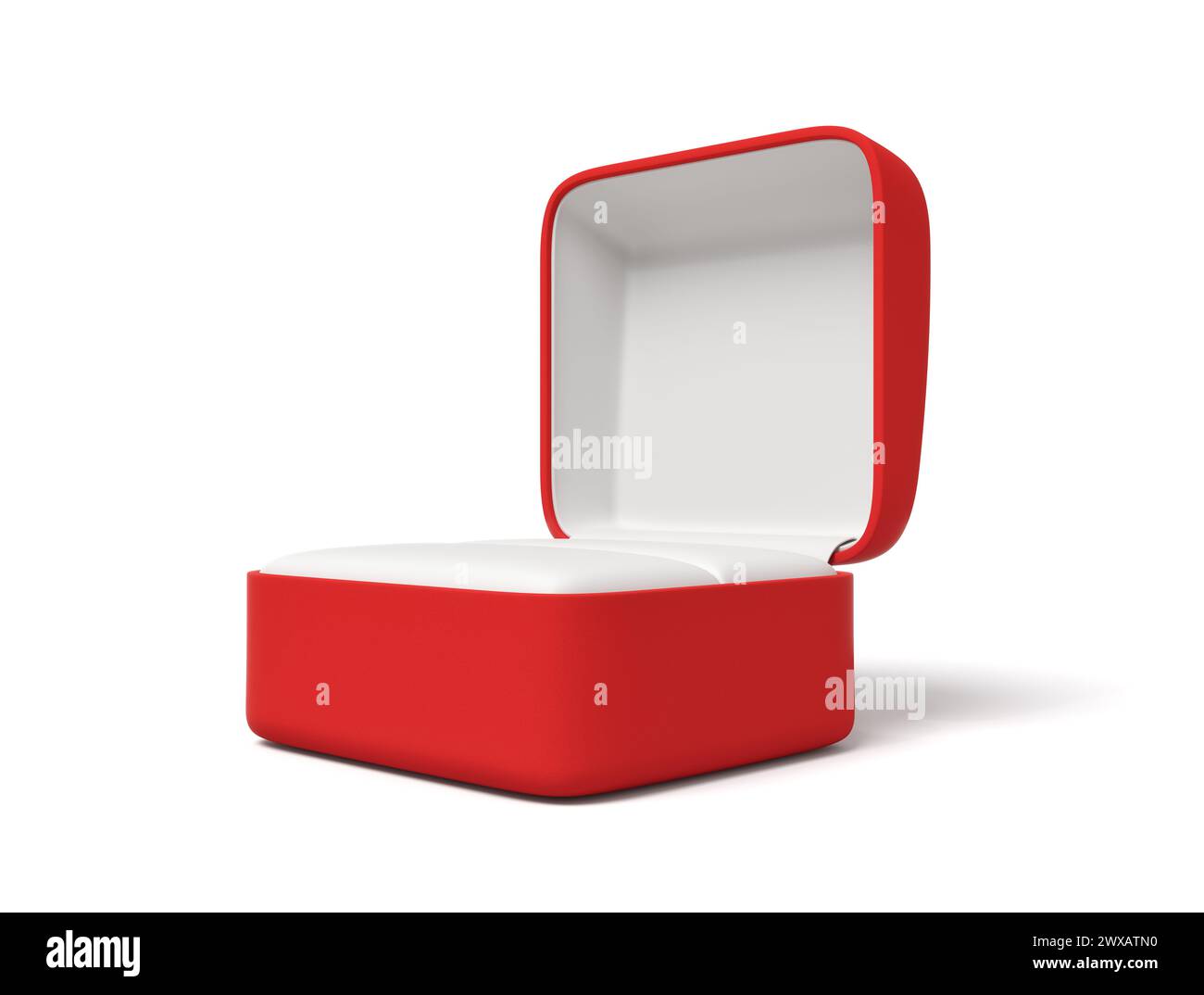 3d close-up rendering of open empty red ring box on white background ...