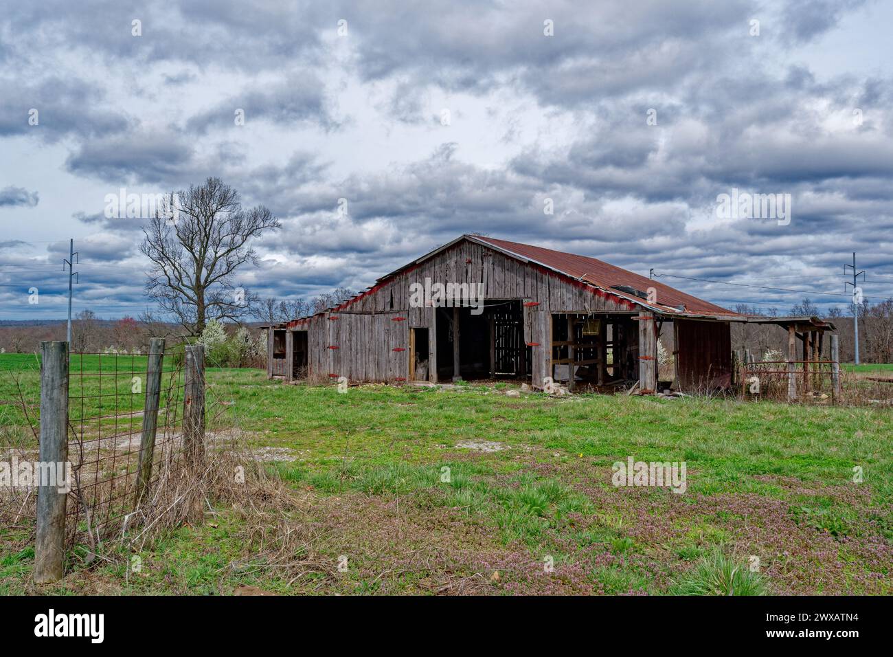 A barn with faded red paint and a rusty metal roof frontal view falling ...