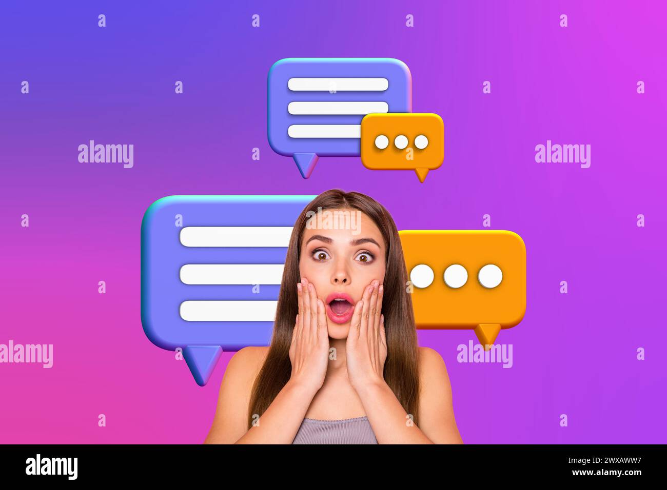Creative collage picture young amazed stunned girl wow omg reaction ...