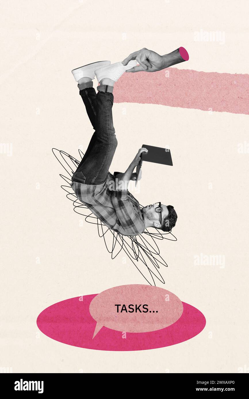 Sketch image composite trend artwork photo collage of young hanging programmer office worker ...