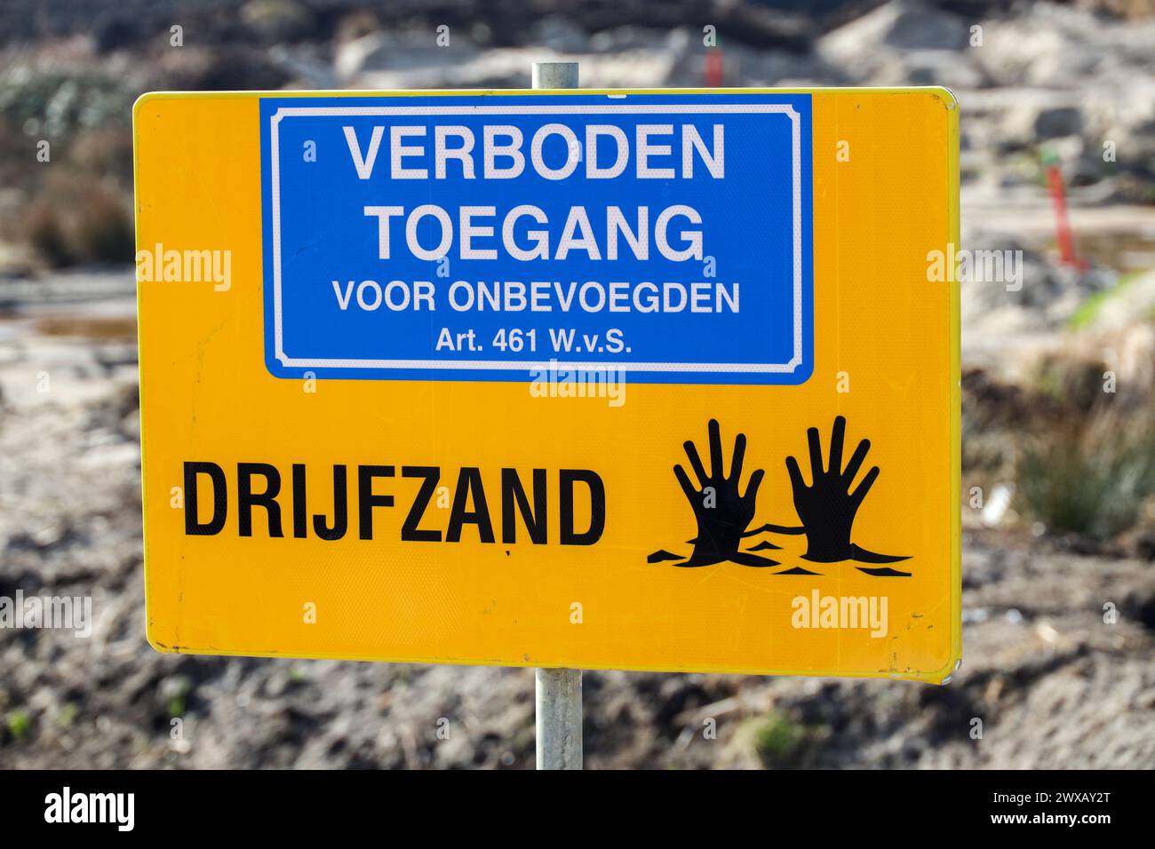 Prohibited access sign at a construction site with quicksand during the ...