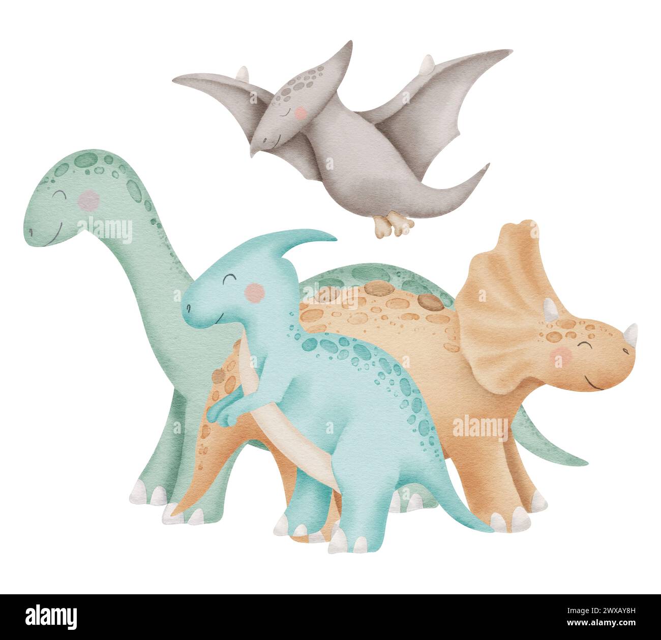 Dinosaurs Watercolor illustration. Cute Baby dino friends. Hand drawn ...