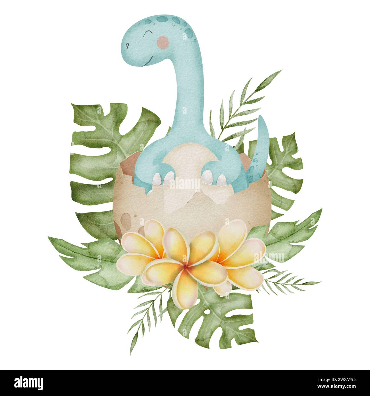 Baby Dino in a egg. Watercolor illustration of little Dinosaur ...