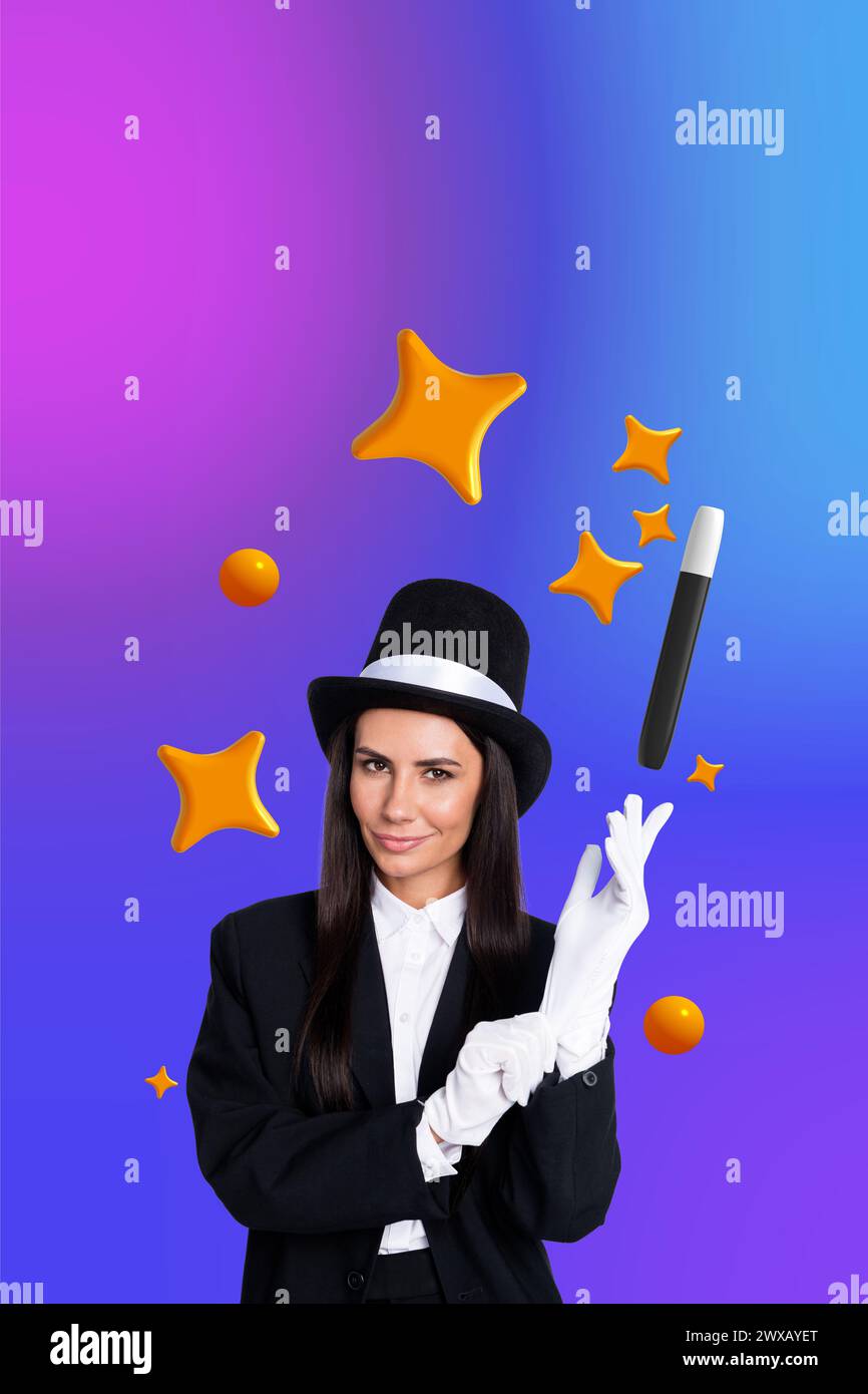 Vertical creative photo collage young woman magician formalwear suit ...