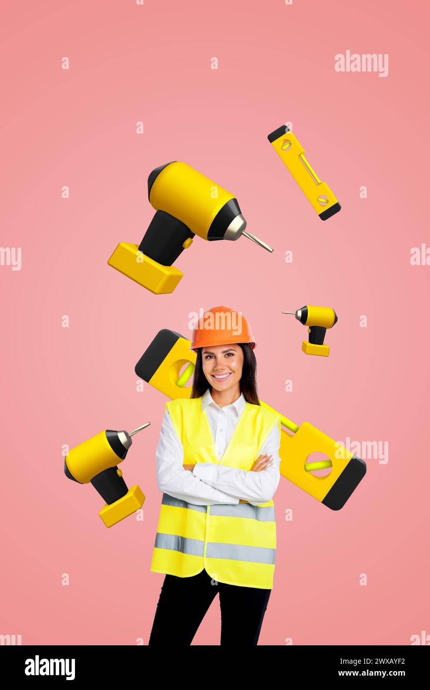 Vertical creative photo collage young handywoman worker uniform ...