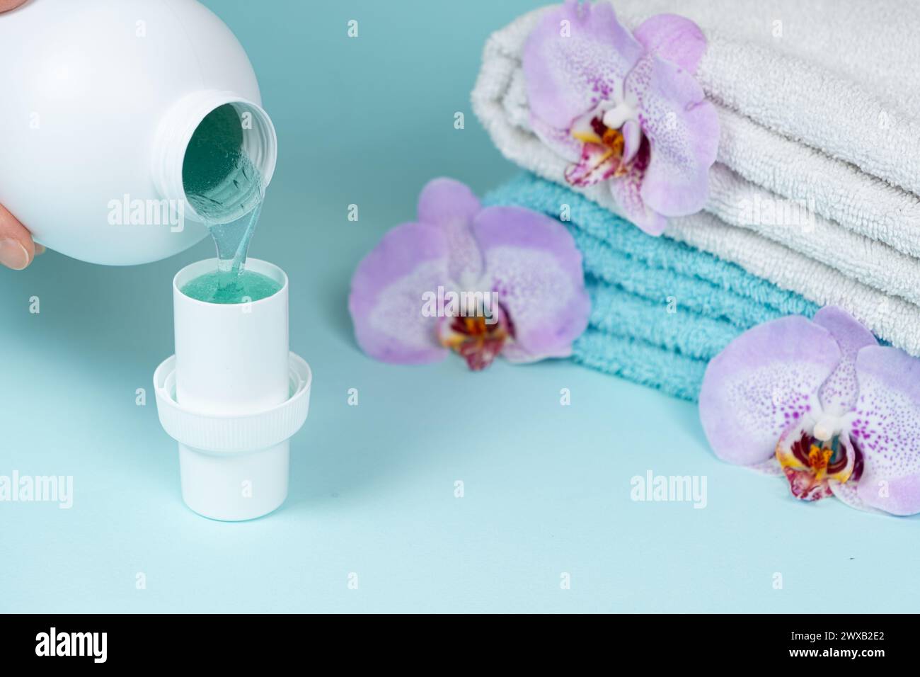 The process of pouring natural eco gel liquid laundry detergent from ...