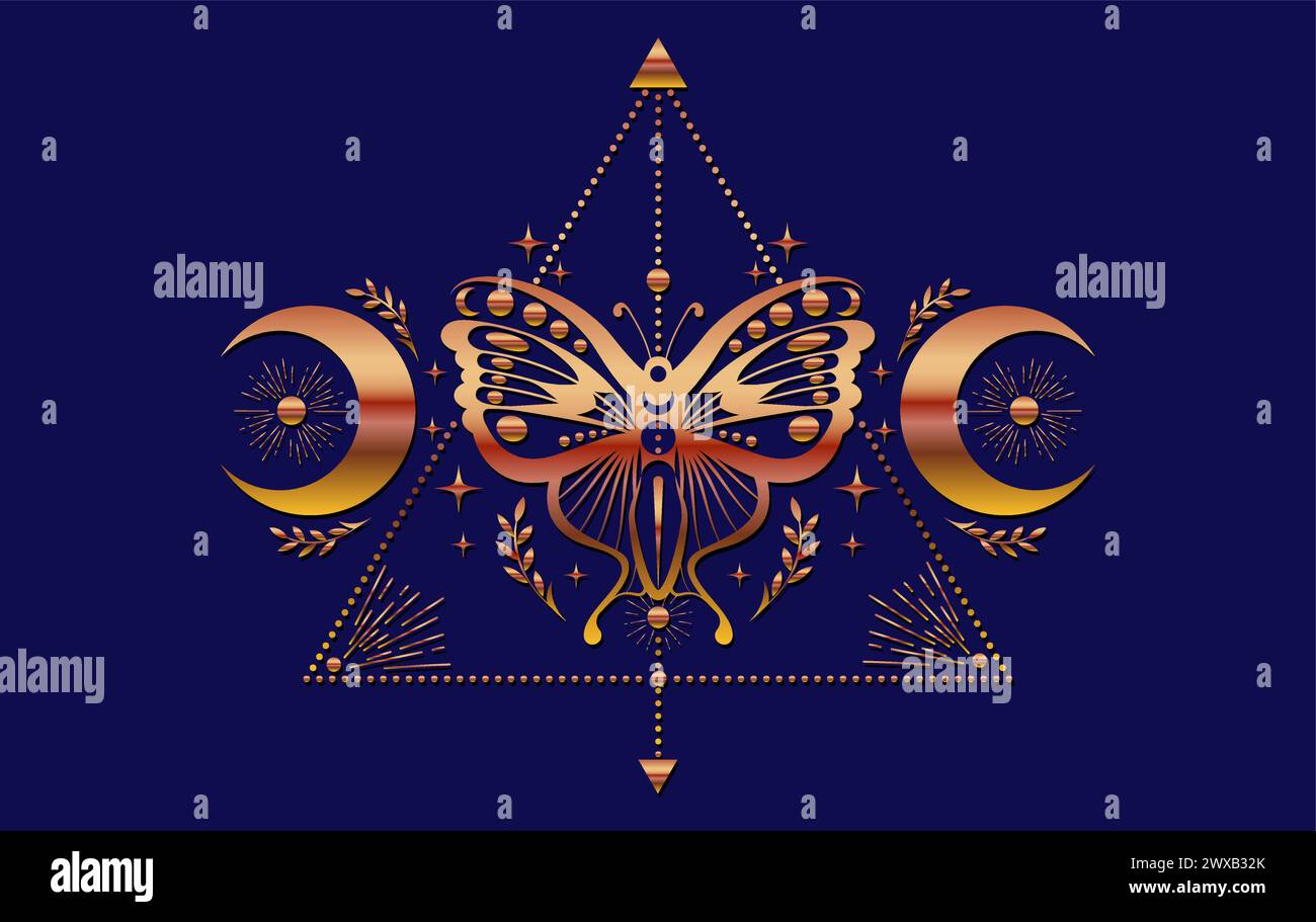 Mystic gold moth, magic butterfly and crescent moon, sacred symbols for witchcraft, occult ...
