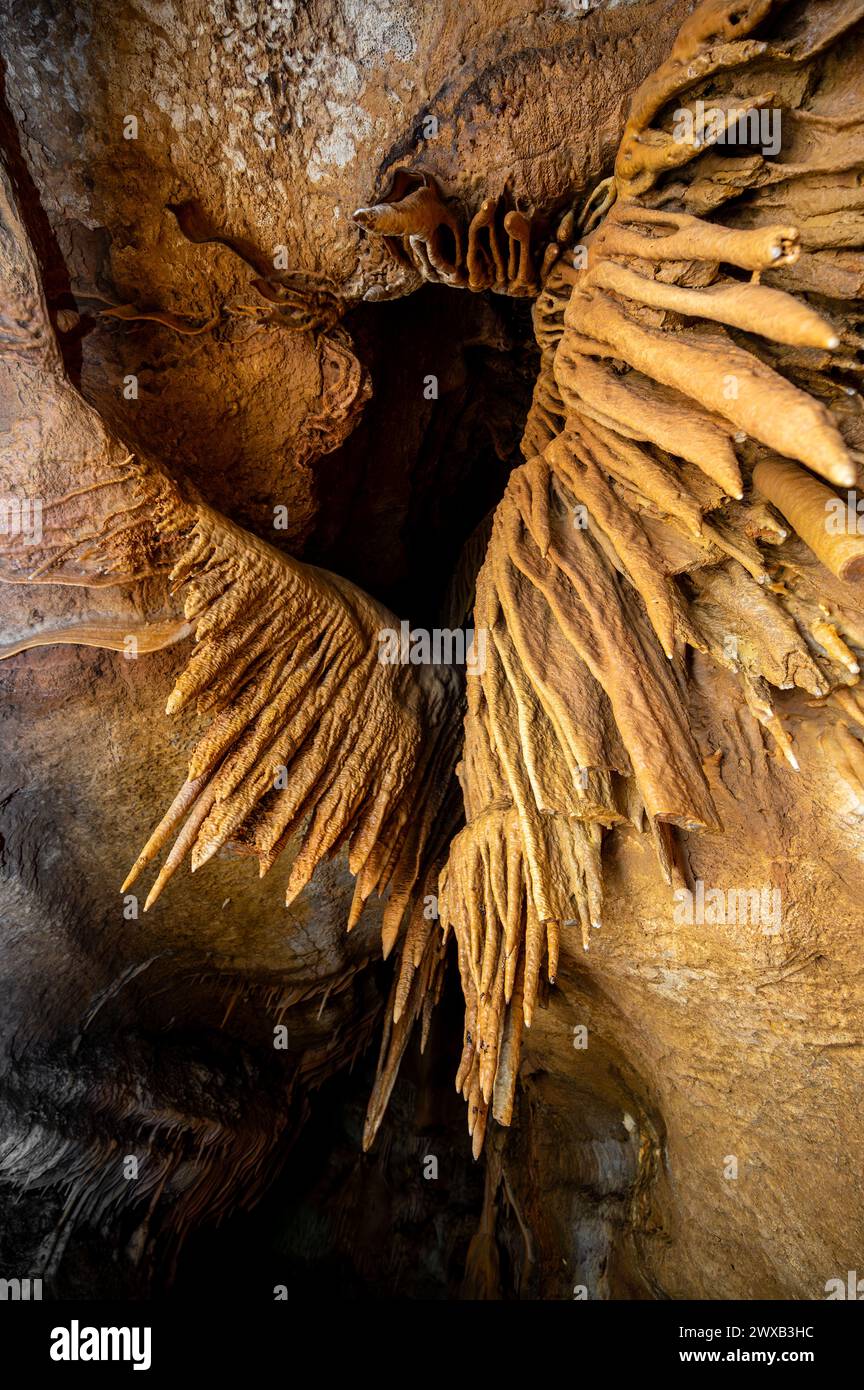 Stalactite and stalagmite and other formations inside a beautiful cave ...