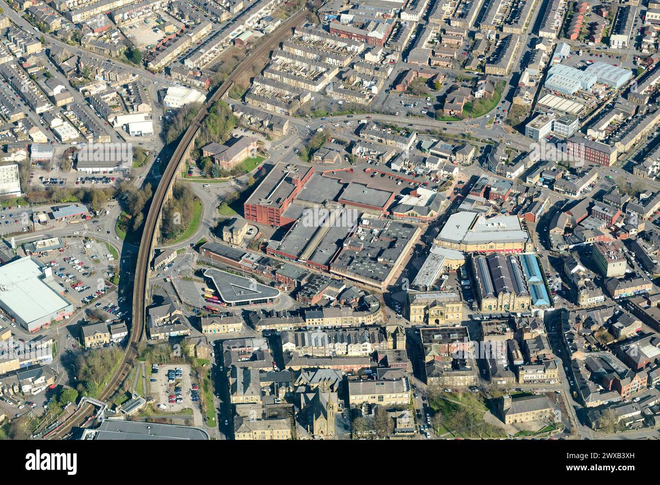 An aerial view of Accrington Town centre, Lancashire, north west ...