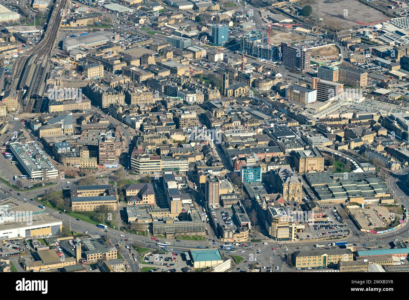 An aerial view of the centre of Yorkshire industrial town of ...