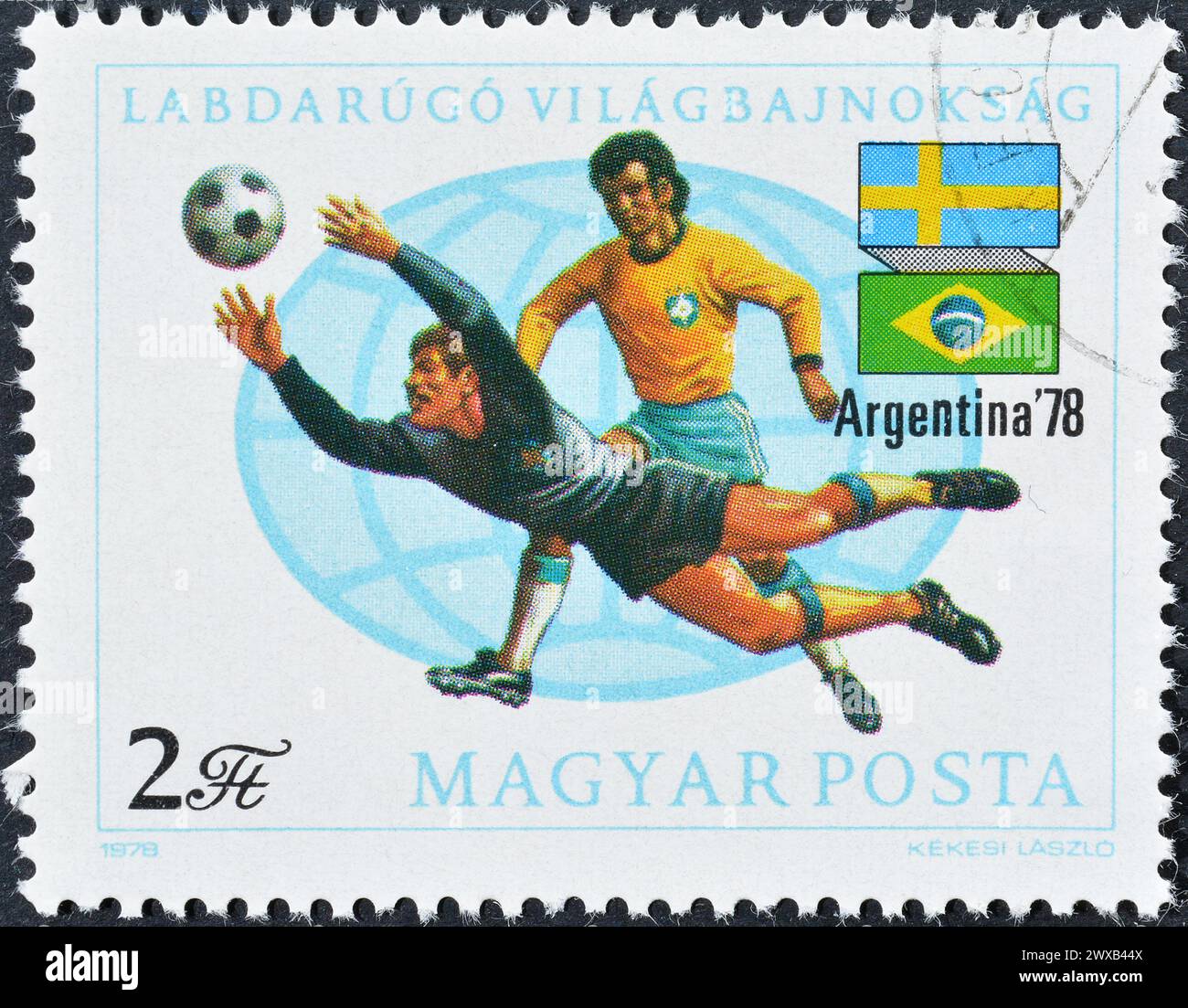 Cancelled postage stamp printed by Hungary, that shows Football players ...