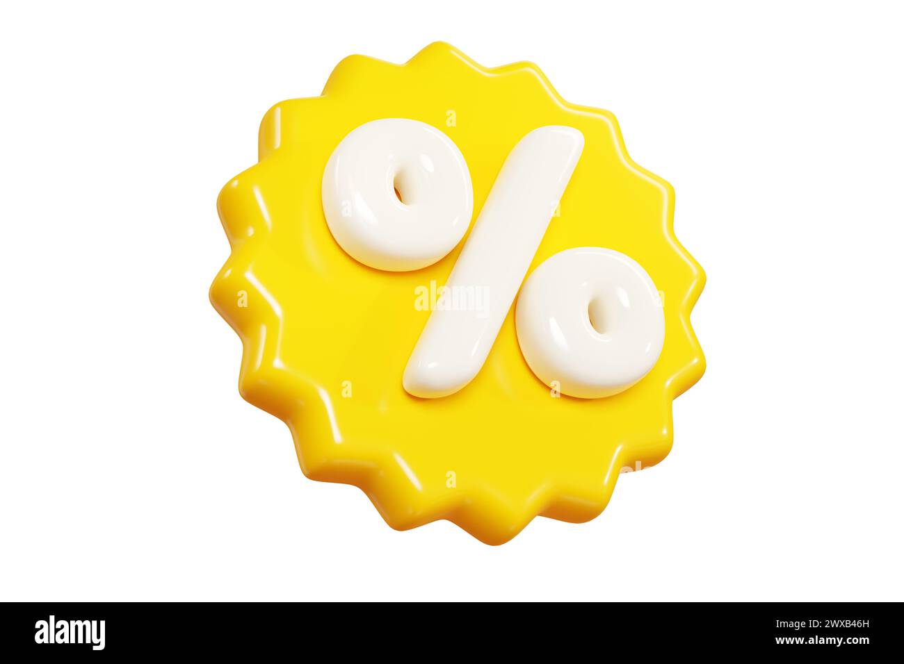 Yellow starburst sticker with percent sign floating in air. 3D render ...