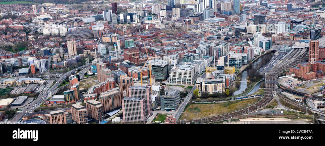 A panoramic wide aerial photograph of Leeds City Centre business ...