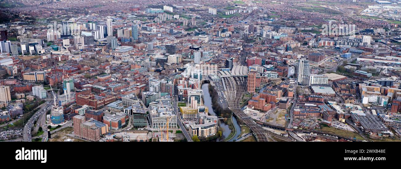 A panoramic wide aerial photograph of Leeds City Centre business ...
