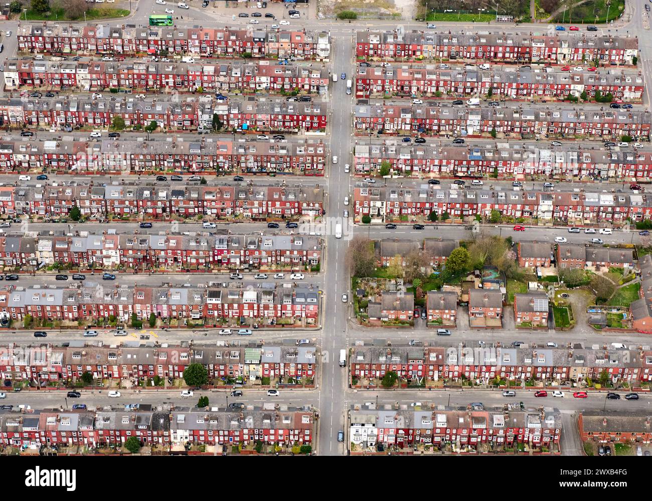 An aerial view of 19th Century terraced houses, in Harehills, East ...