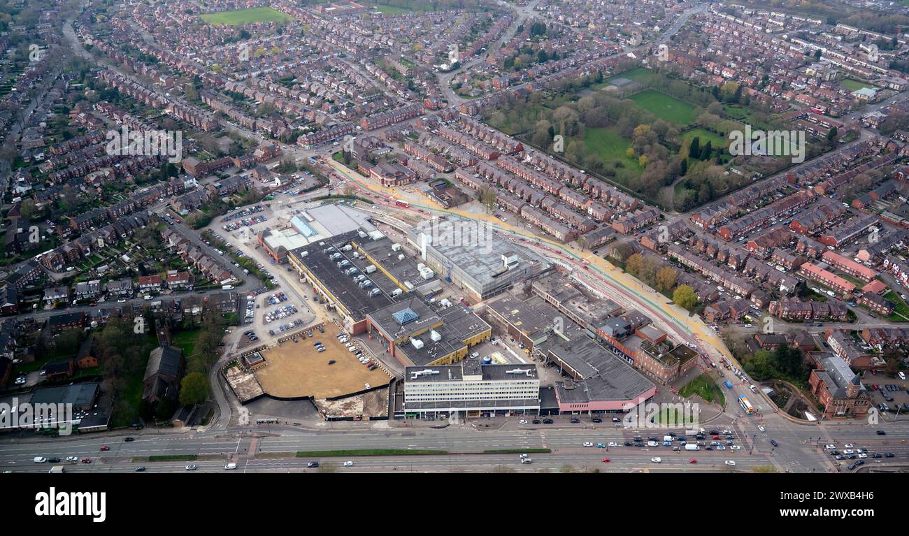 an aerial view of Stretford district shopping centre, Manchester, north ...