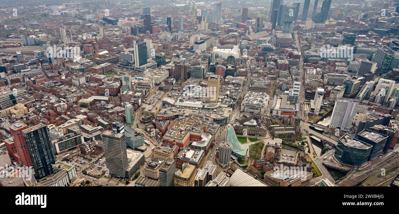 A panoramic wide aerial view of Manchester City centre, north west ...