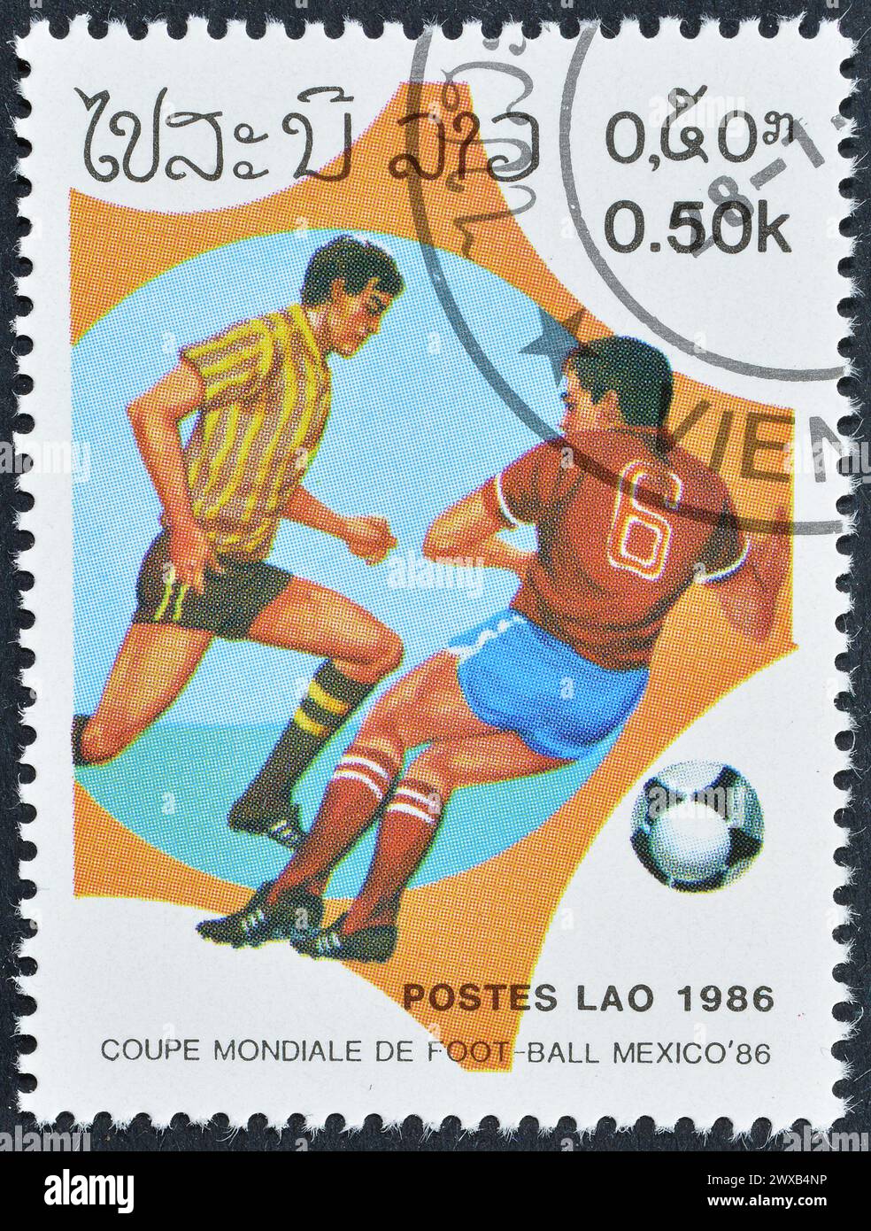 Cancelled postage stamp printed by Laos, that promotes Football, FIFA ...