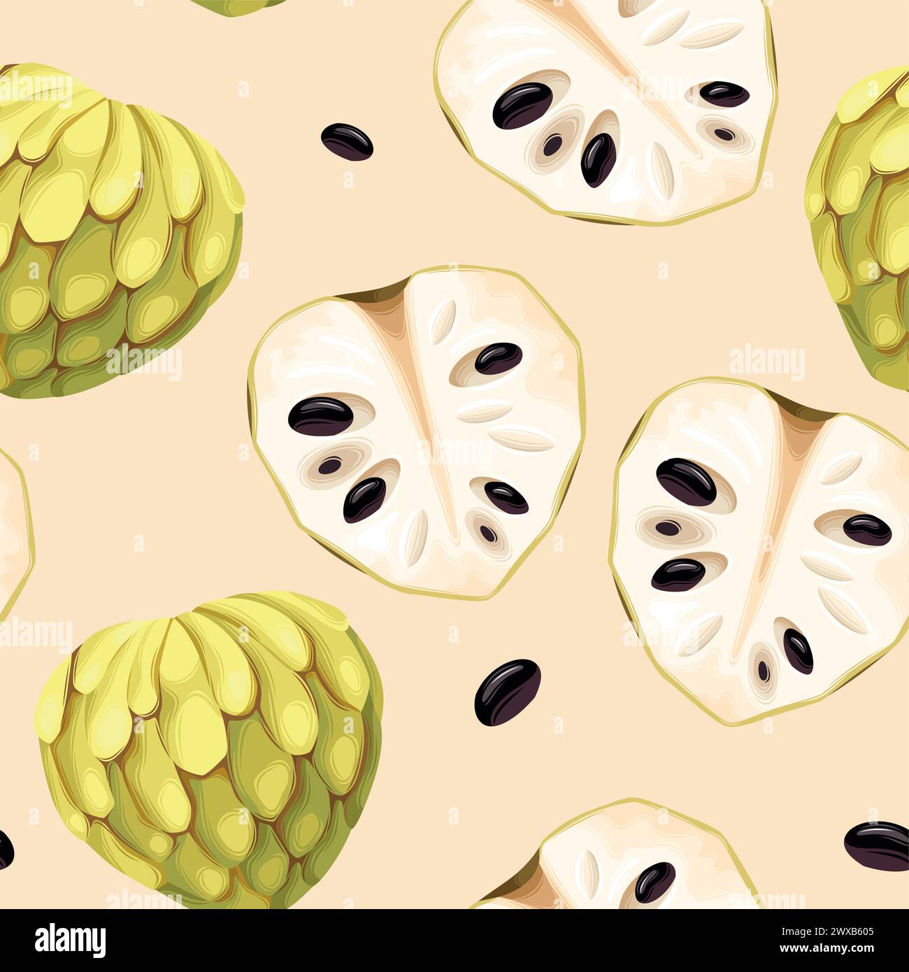 Cherimoya fruit, slice and seeds vector seamless background Stock ...
