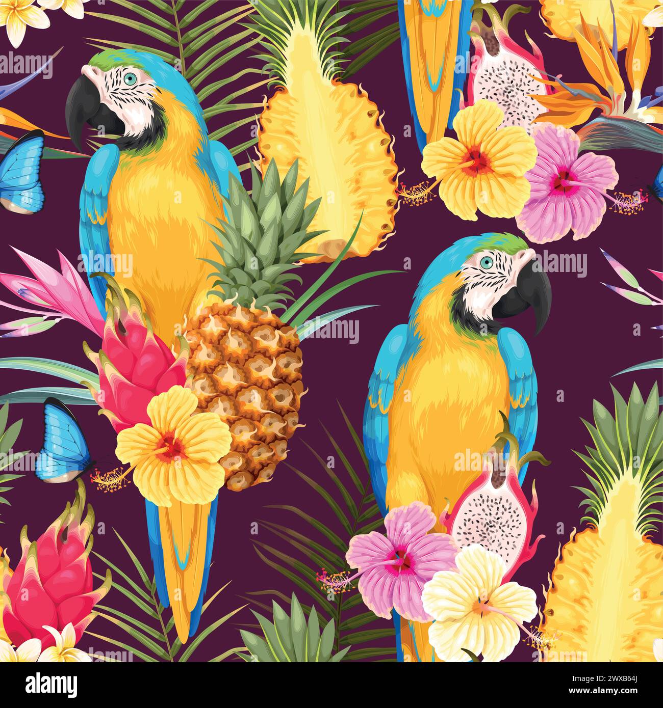 Parrot exotic flowers pineapple vector hi-res stock photography and ...