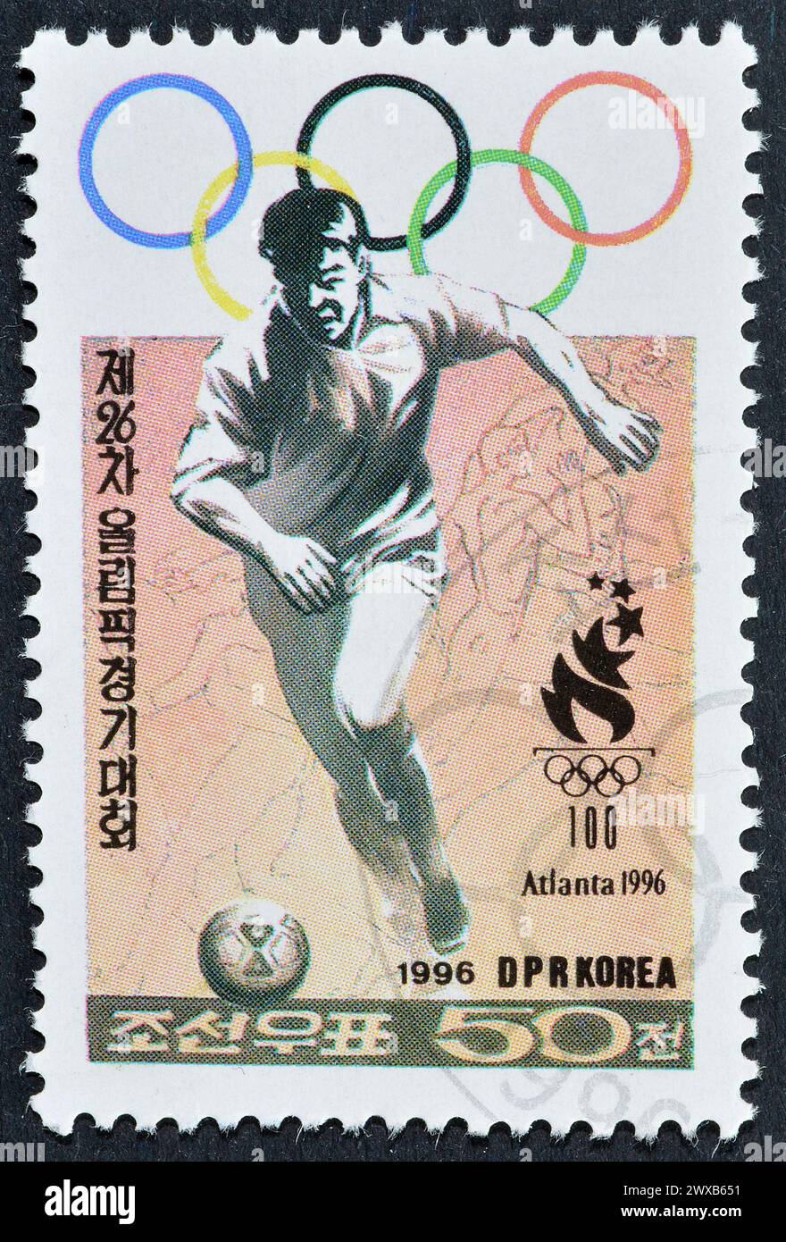Cancelled postage stamp printed by North Korea, that shows Football ...