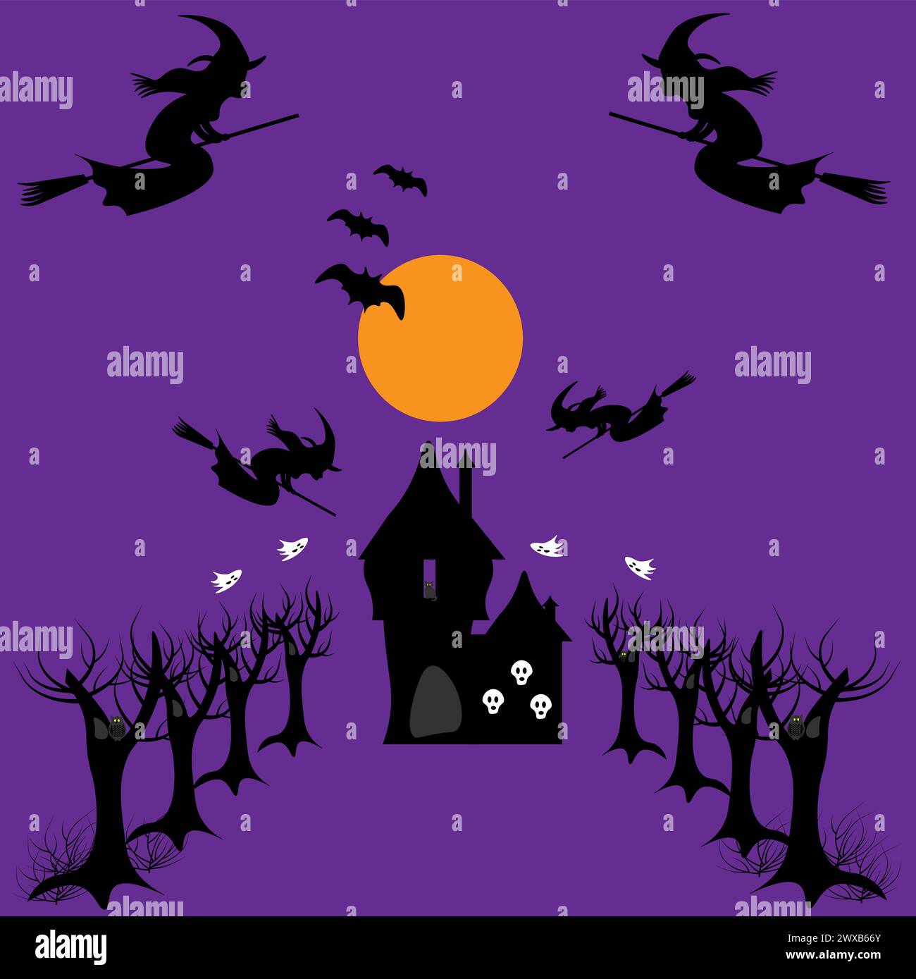 Four witches on broomsticks in hats are flying with ghosts and bats to ...