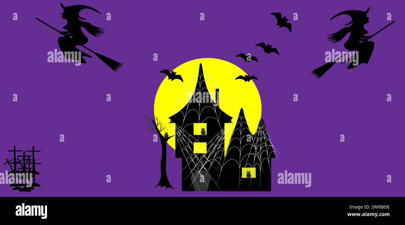Two witches on broomsticks in hats are flying out of the castle. Creepy ...